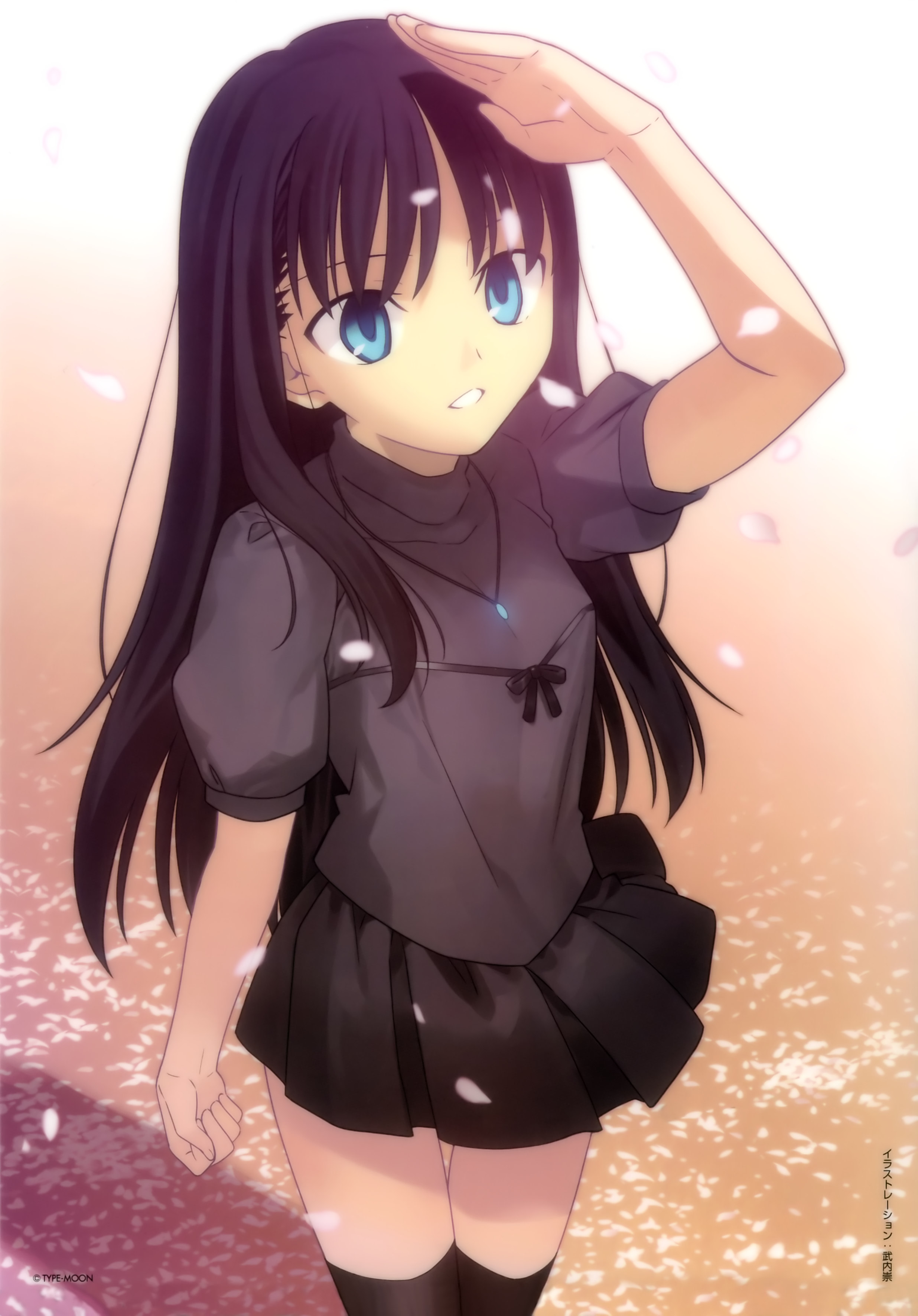 Safebooru - 1girl absurdres arm up black hair black legwear black shirt black skirt blue eyes ...